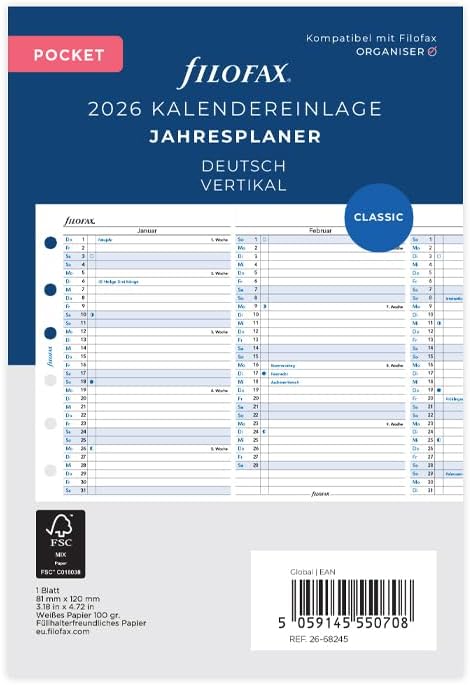 Filofax Kalender Pocket Jahresplaner vertikal (deutsch)2026 : Amazon.de ...