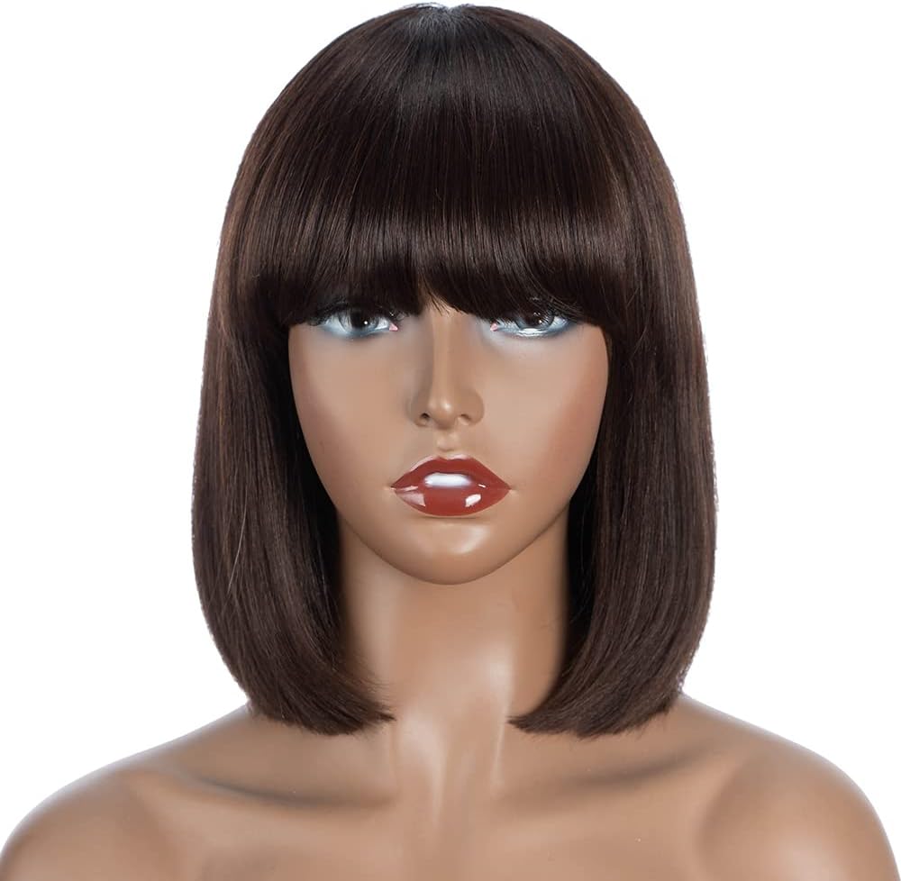Amazon.com : FASHION IDOL Short Straight Human Hair Bob Wig with Bangs ...