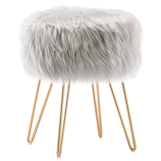 Antique Log 15 inches Faux Fur Vanity Stool Chair, Furry Round Ottoman ...