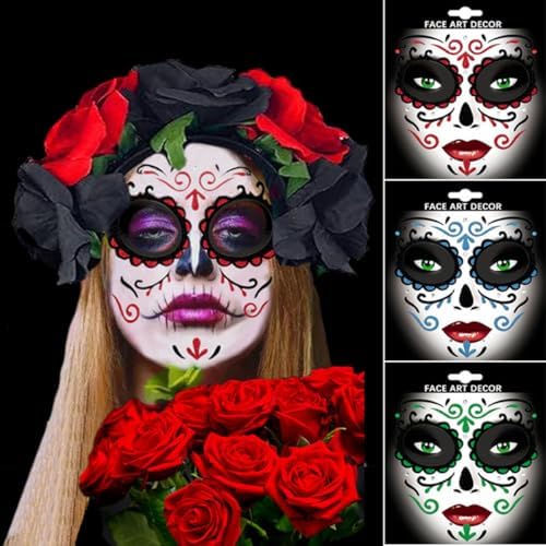 Amazon.com : Day of the Dead Face Sticker Makeup Kit, 3 Packs Halloween ...