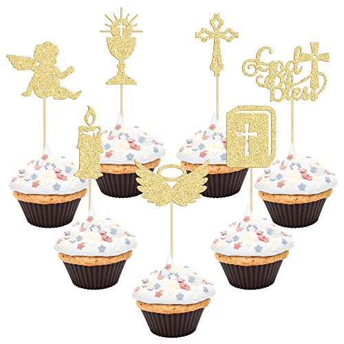 Snapklik.com : 28Pcs God Bless Cupcake Toppers Gold Glitter Boys ...