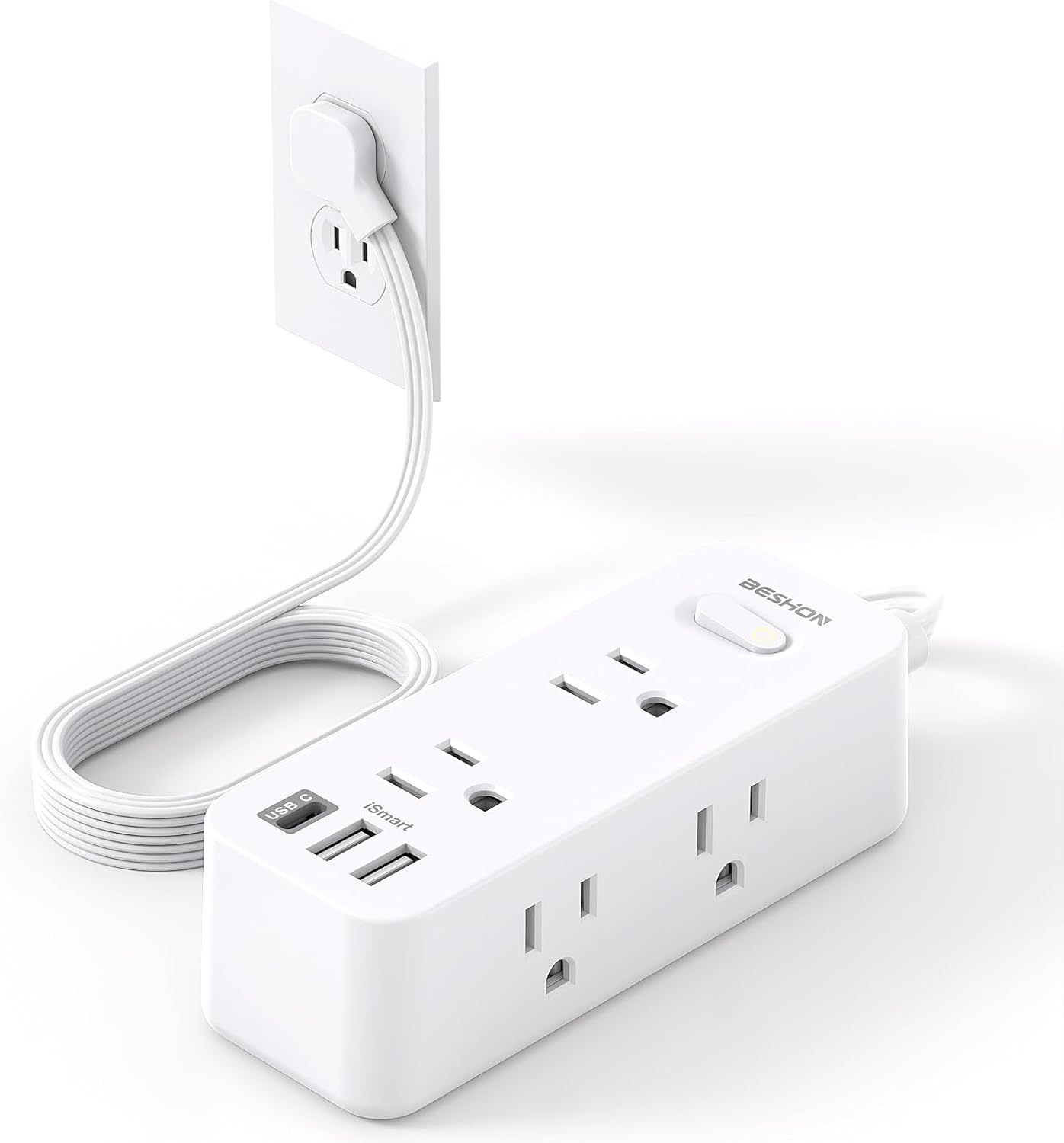 Flat Plug Power Bar, 5 Ft Ultra Thin Flat Extension Cord, 6 Outlets 3 ...