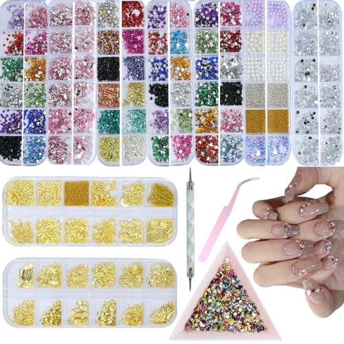 9 Pieces of nail charms and gems, Glittering Multi-Color nail decor ...