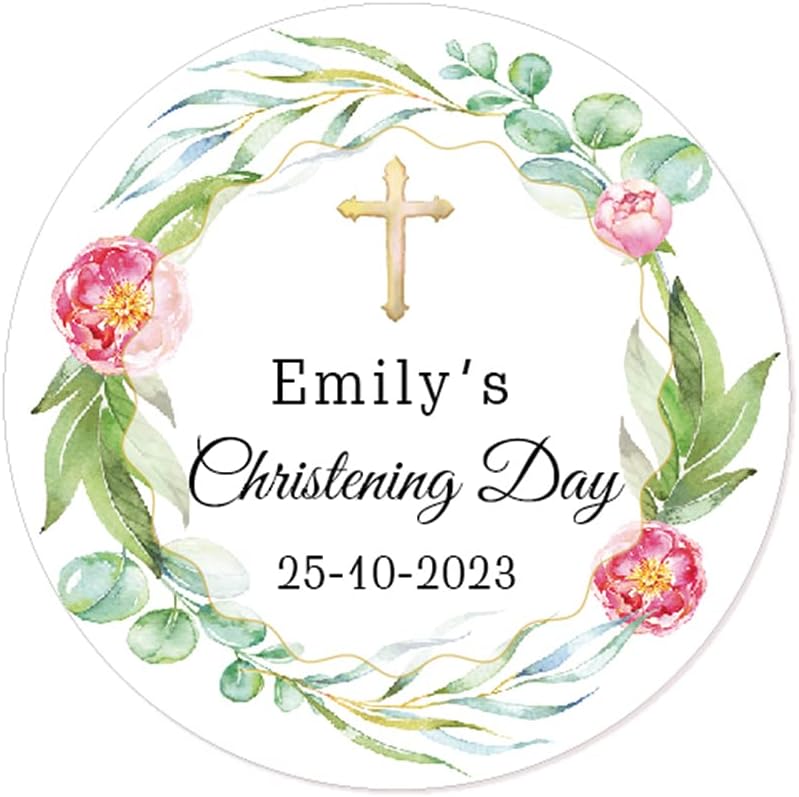 50 Personalised Christening Stickers/Baptism Labels, Flower Blush and ...