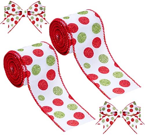 Amazon.com: 4 Rolls Christmas Ribbons Polka Dot Ribbon Wired Glitter ...