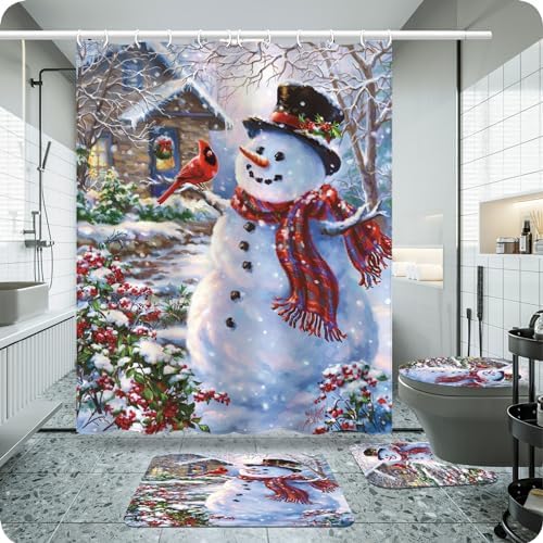 Amazon.com: Pknoclan 4Pcs Christmas Snowman Shower Curtain Set with Non ...