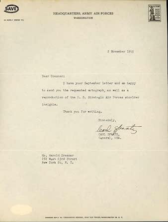 Amazon.com: General Carl Spaatz JSA Signed 1945 Army Air Force Letter ...