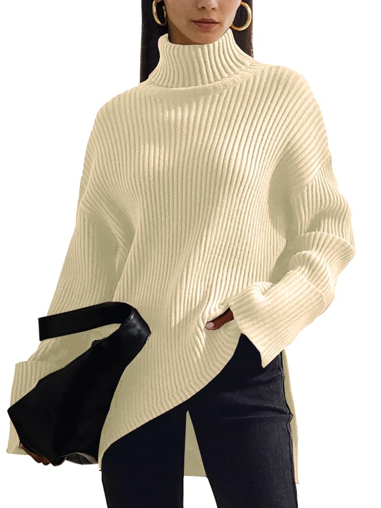 LILLUSORY Womens Oversized Sweaters Turtleneck Long Sleeve Asymmetric ...