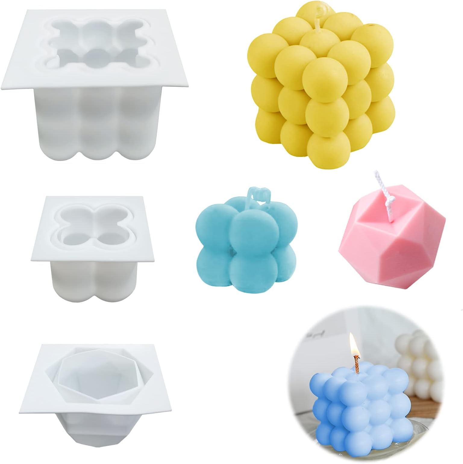 Amazon.com: 3 Pack Silicone Candle molds, MaehSab 3D Bubble Cube Wax ...