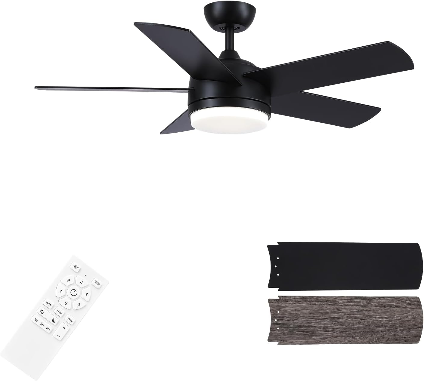 YUHAO 44 Inch Black Ceiling Fan with Light and Remote Control.Noiseless ...