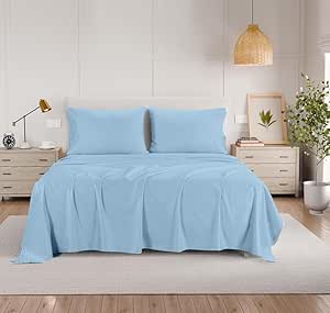 Amazon.com: Rajlinen Twin Size Sheets- 4 Piece Light Blue Solid Sheet ...