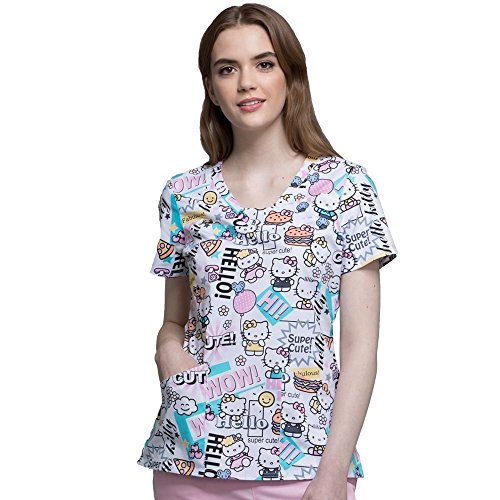 Cherokee Tooniforms Women's V-Neck Hello Kitty Print Scrub Top Large Print