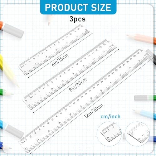 Snapklik.com : 3 Pack 6 Inch 8 Inch 12 Inch Ruler Set Plastic Straight ...