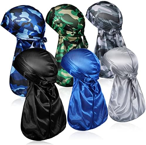 Tarpop 6 Pcs Durags for Men Silky Camouflage Cap with Long Tail and ...