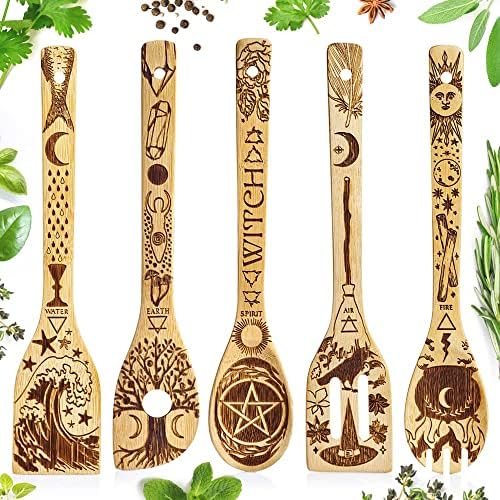 Amazon.com: Kitchen Witch Utensils Set Laser Engraved 5 Elements Bamboo ...