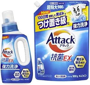 Amazon | 【新パッケージセット】Attack アタック抗菌EX 洗濯用洗剤 青 液体 本体750g + つめかえ用超特大900g セット 黄ばみの洗浄力超パワーアップ | ノーブランド ...