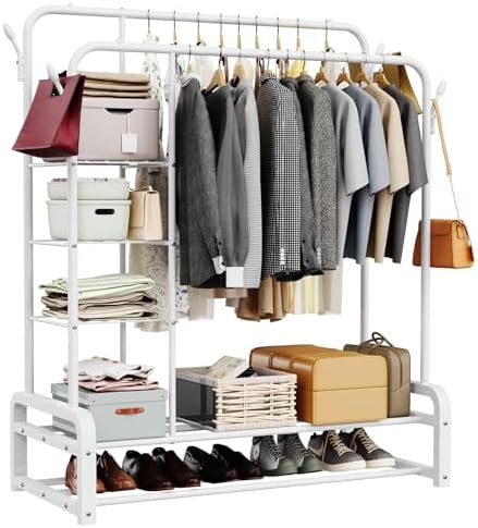LOEFME Clothes Rail with 4 Hooks and Storage Shelves, Heavy Duty ...