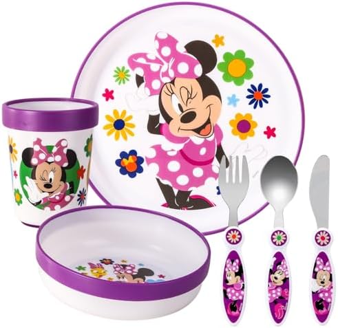 Minnie Mouse Kids 6 Piece Reusable Dinner Set - Plate/Bowl/Cup/Knife ...