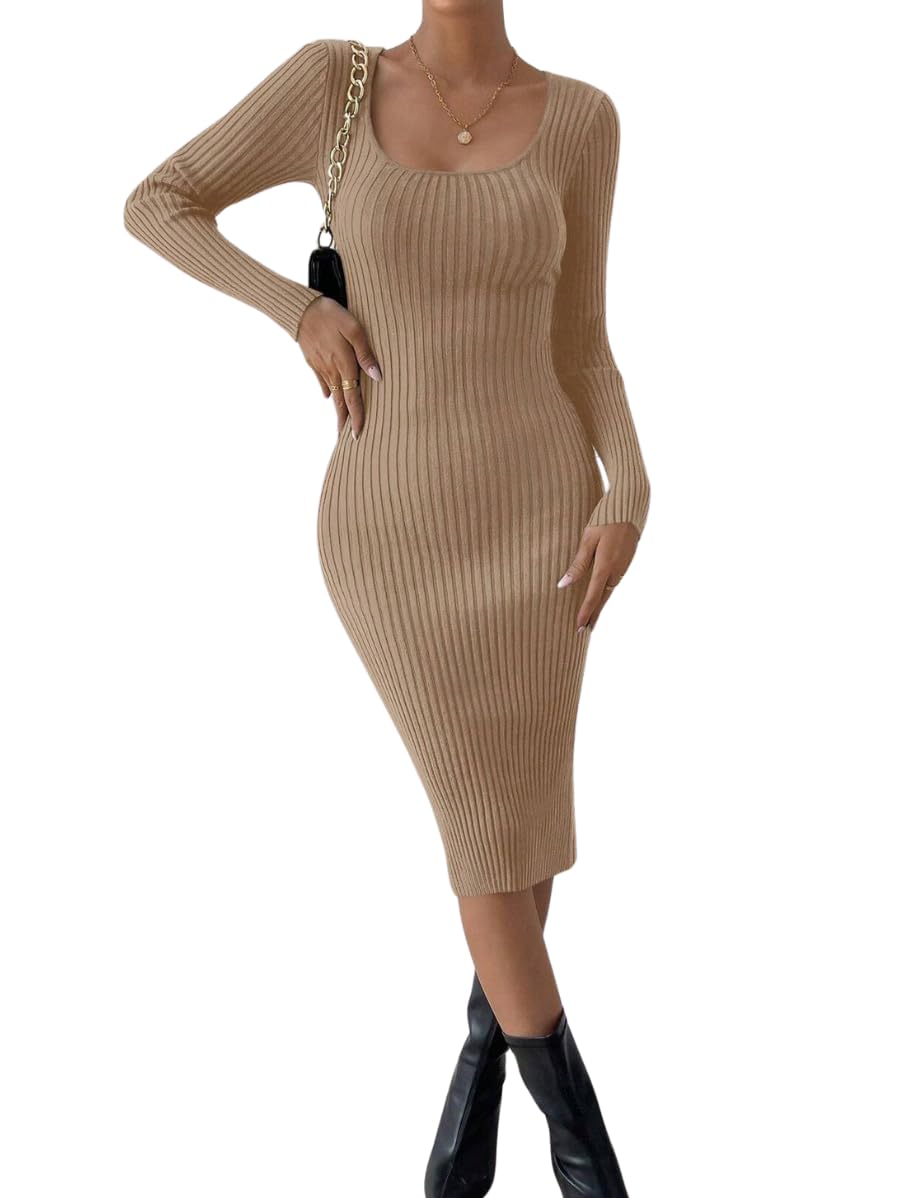 Buy TheBaagi Boat Neck Ribbed Knit Bodycon Dress | Long Sleeve ...