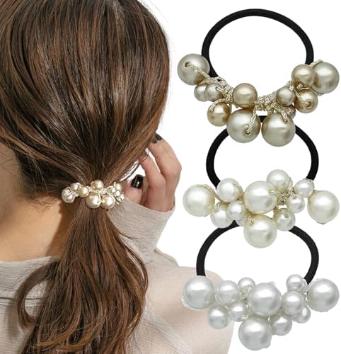 Amazon.com : 3Pcs Pearl Hair Ties Beaded Ponytail Holder Pearls Hair ...