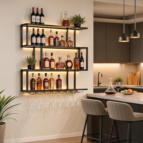 Amazon.com: XcyUktp Wall Mounted Wine Rack with LED & Glass Holder,4 ...