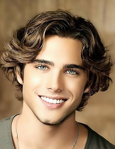 Beweig Men Wigs Brown Short Curly Fluffy Hiar Wig Cosplay