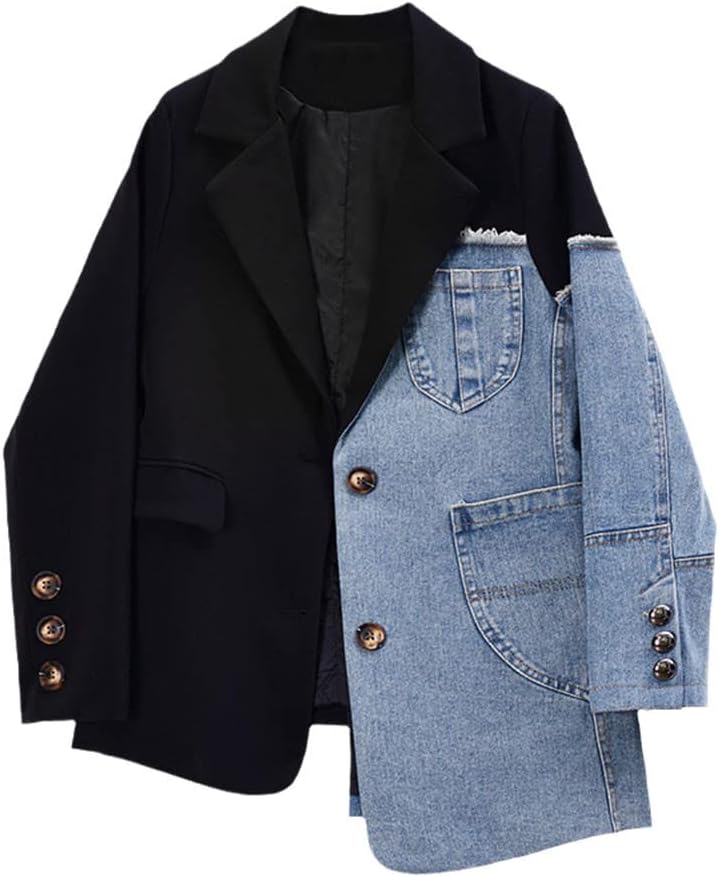 Vintage Denim Patchwork Suit Coat Female Long Sleeve Irregular Design ...