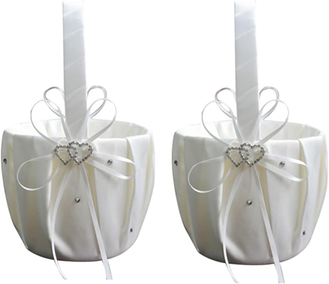 Amazon.com: 2PC Wedding Flower Girl Basket, White Satin Flower Storage ...
