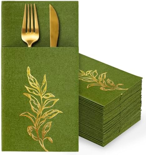 Amazon.com: Whaline 100Pcs Olive Green Linen Feel Napkin with Built-in ...