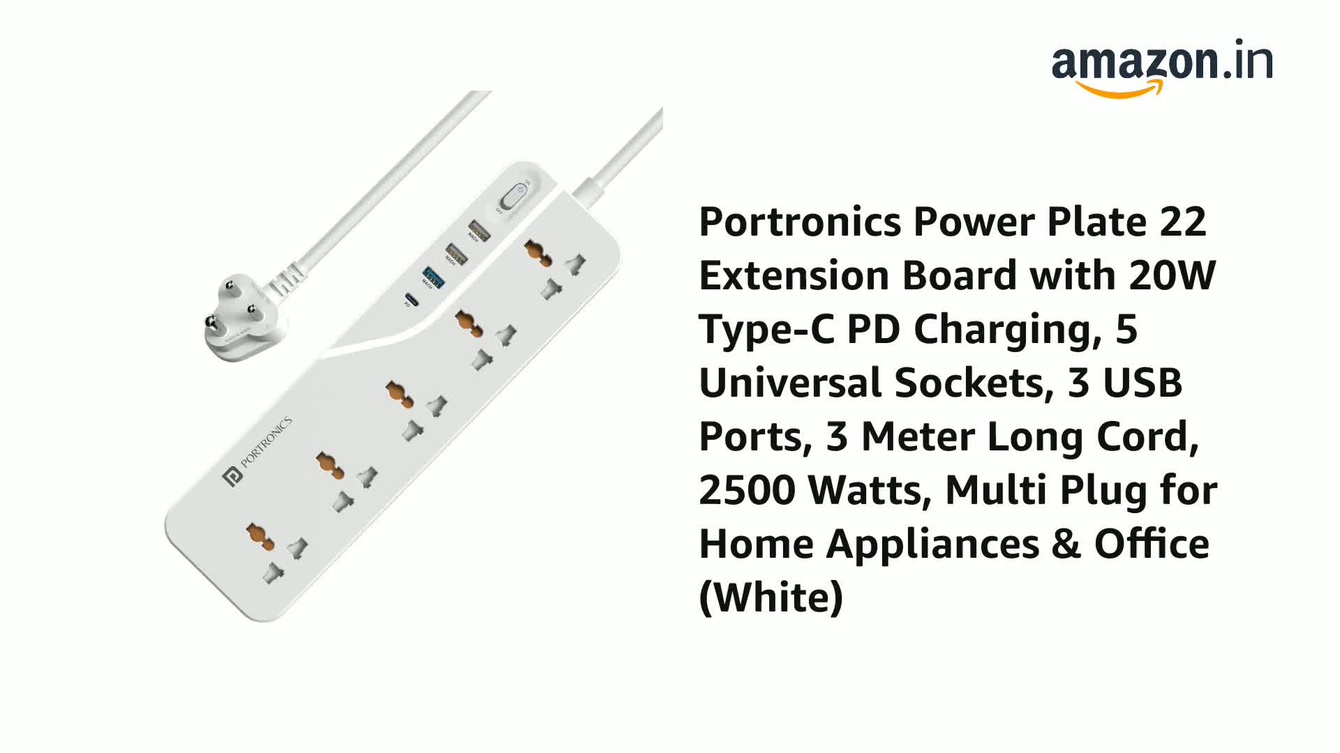 Watch Portronics Power Plate 22 Extension Board with 20W Type-C PD ...
