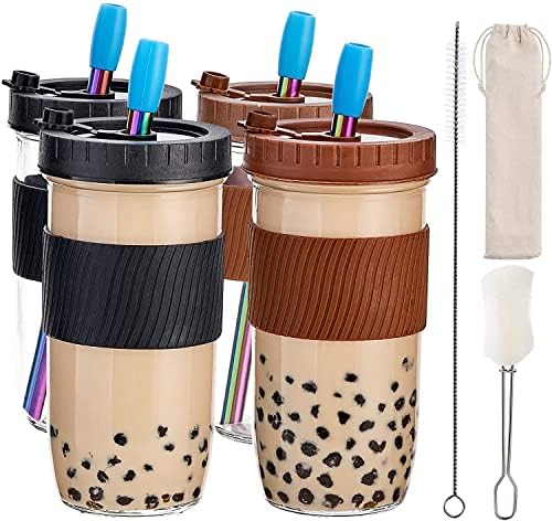 HEFBCOMK 2 Pack Reusable Boba Cup Smoothie Tumbler Glass Bubble Tea Cup ...