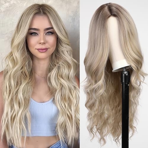 Amazon.com : NAYOO Long Blonde Wavy Wig for Women - 26 Inch Middle Part Curly Synthetic Heat ...