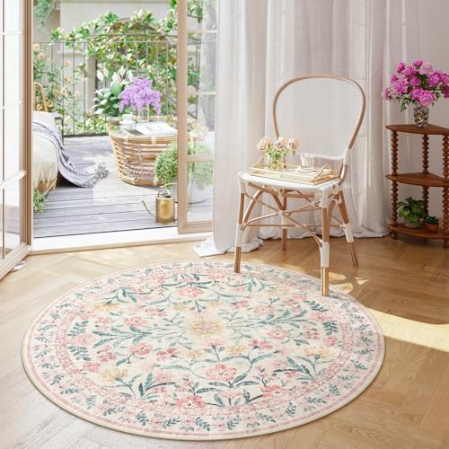 Amazon.com: Wonnitar Washable Round Rugs 6ft, Pink Floral Circle Rug ...