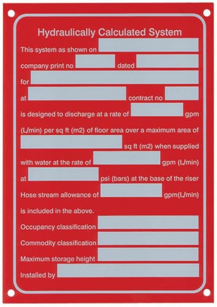 Fire Sprinkler Hydraulic Calculated System Sign, Aluminum, 5" x 7 ...