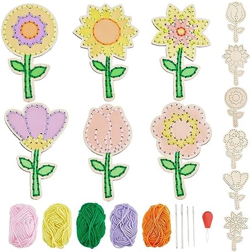 FREEBLOSS 6 Set Flower Wooden Threading Kits First Sewing Kit Wooden ...