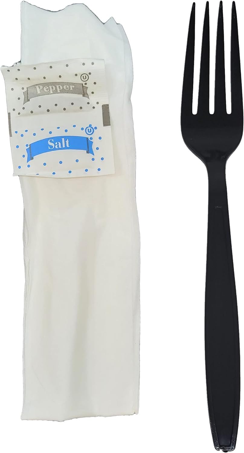 Amazon.com: BASIDI [500 Kits] Disposable Black Plastic Fork with Napkin ...