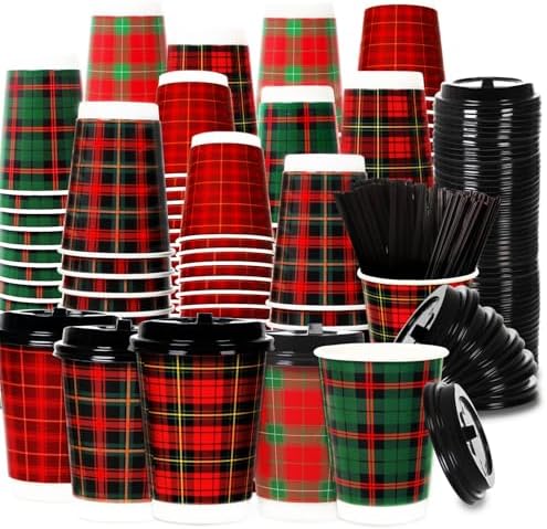 Amazon.com: FULJOOY 100 Count Christmas Plaid Paper Cups 12 Ounces ...