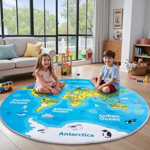 Amazon.com: OHDS Kids Playroom Rug, 6x6ft Round World Map Play Mat with ...