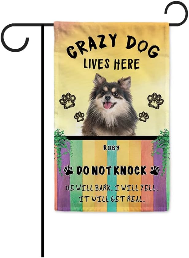Amazon.com : Crazy Dog Lives Here Garden Flag Sign Custom Pomeranian ...