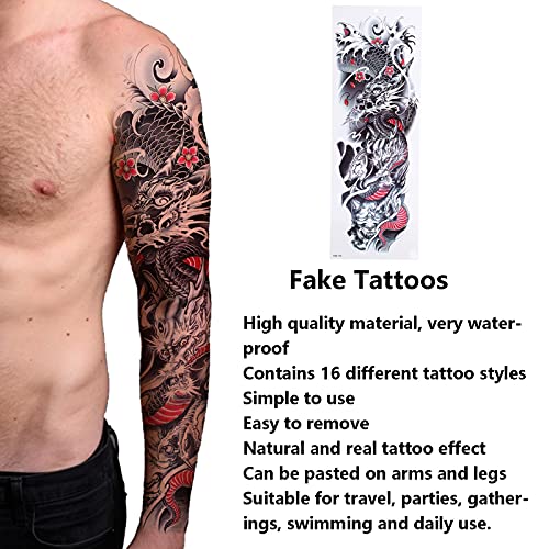 8 Sheets Full Arm Temporary Tattoo + 8 Sheets Half Arm Fake Tattoos ...
