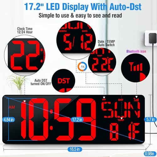 Snapklik.com : TXL Large Digital Wall Clock Bluetooth Sync Time, 17.2 ...