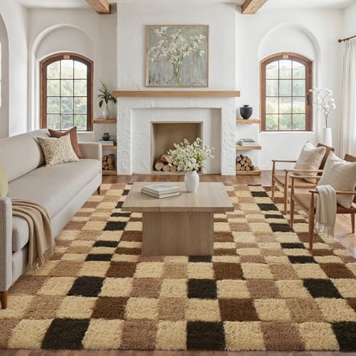 Amazon.com: WondRg 8x10 Checkered Area Rug Brown Fluffy Shag Living ...