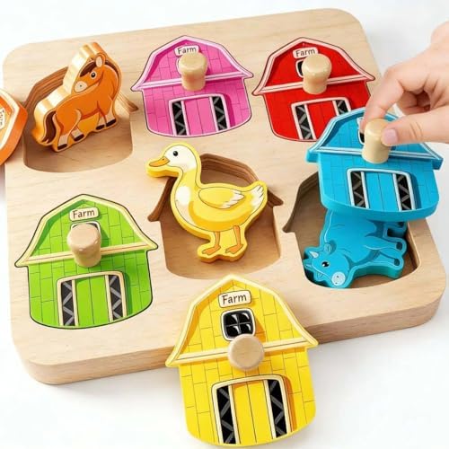 Amazon.com: Wooden Puzzles for Toddlers 1-3 : Farm Animal Peg Puzzles ...