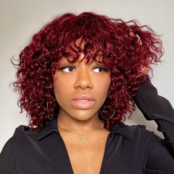 Amazon.com : Wosama 99j Curly bob Wig Human Hair With Bangs red short ...