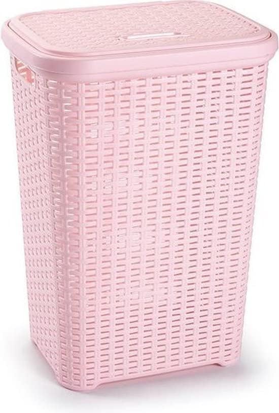60 Litre Large Pink Plastic Laundry Basket with Lid Rattan Washing ...