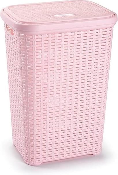 60 Litre Large Pink Plastic Laundry Basket with Lid Rattan Washing ...