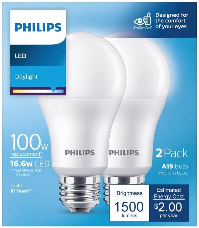 Philips A19 E26 (Medium) LED Bulb Daylight 100 Watt Equivalence 2 pk ...