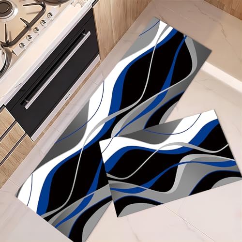 Amazon.com: FNLNDO Blue Black Grey White Kitchen Rugs and Mats Set of 2 ...