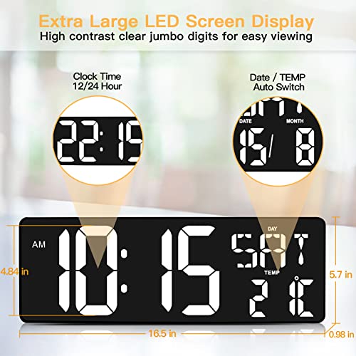 XREXS Large Digital Wall Clock with Remote Control, 16.5 Inch LED Large ...