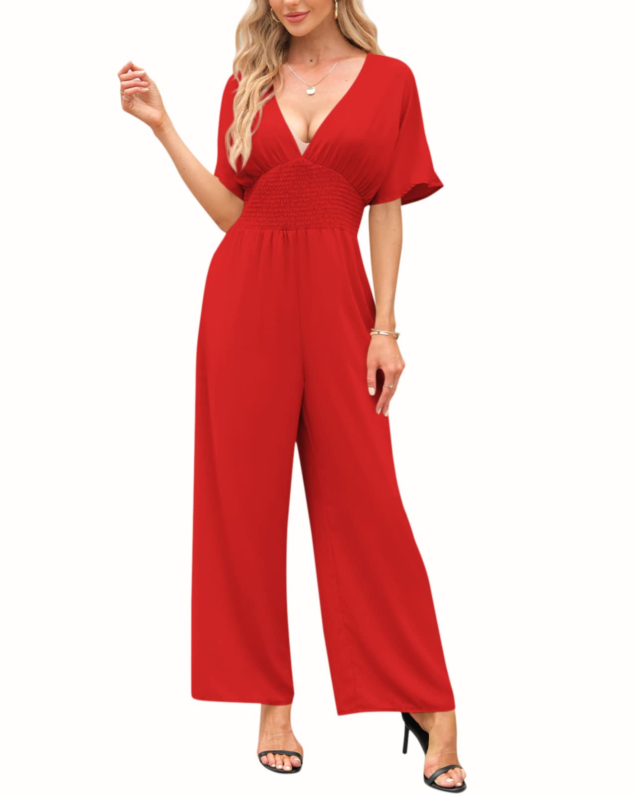 Meikulo Womens Loose Casual Deep V Sexy Short Sleeve Jumpsuits Ruffle High Waist Wide Leg Long ...